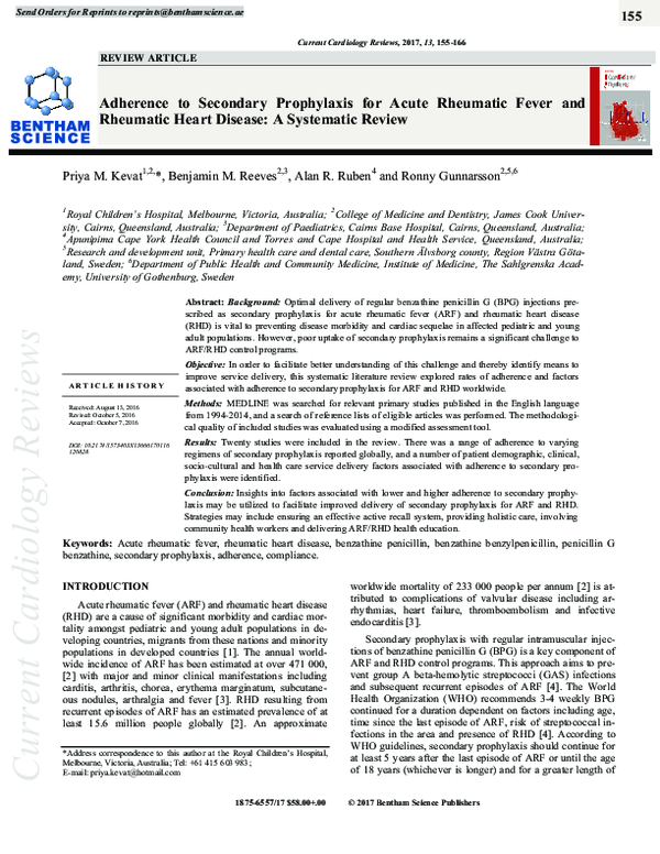 (PDF) Adherence to Secondary Prophylaxis for Acute Rheumatic Fever and ...