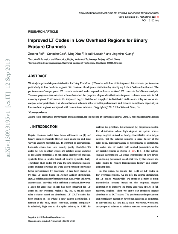 (PDF) Improved Luby transform codes in low overhead regions for binary erasure channels