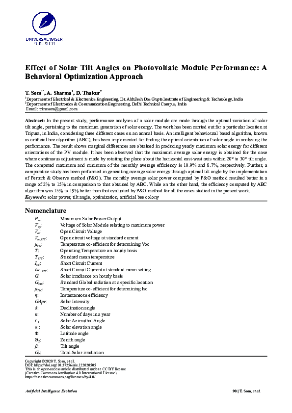 (PDF) Effect of Solar Tilt Angles on Photovoltaic Module Performance: A Behavioral Optimization ...