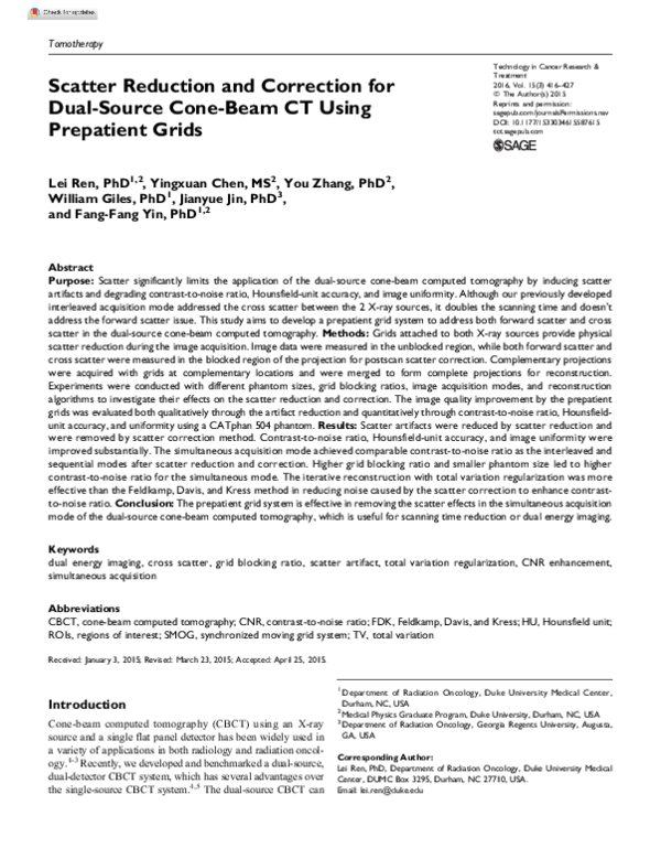 (PDF) Scatter Reduction and Correction for Dual-Source Cone-Beam CT Using Prepatient Grids