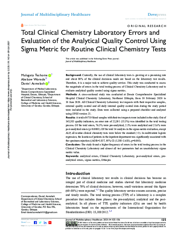 (PDF) Total Clinical Chemistry Laboratory Errors and Evaluation of the ...