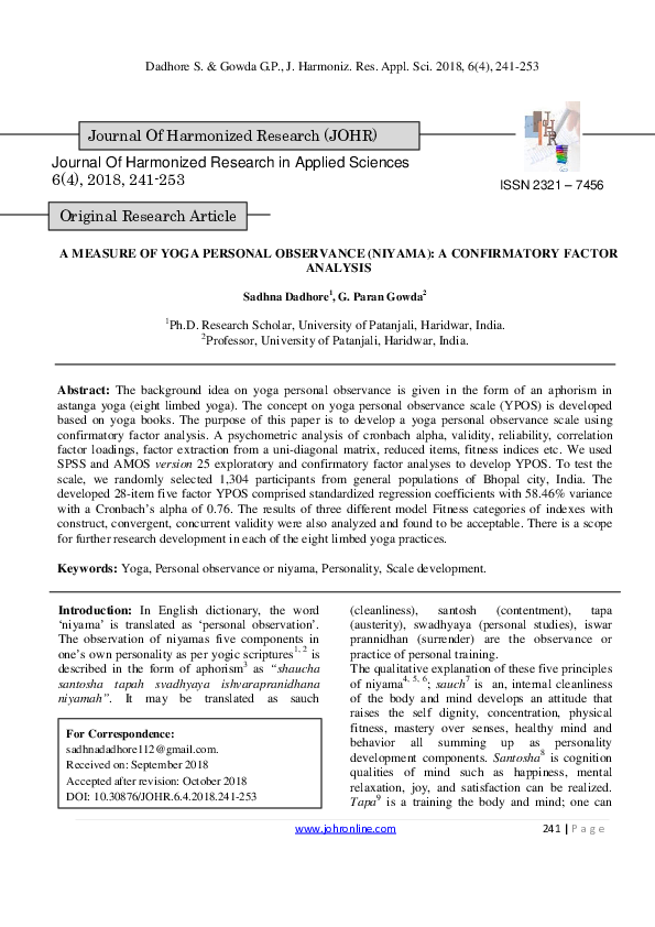 (PDF) A Measure of Yoga Personal Observance (Niyama): A Confirmatory ...