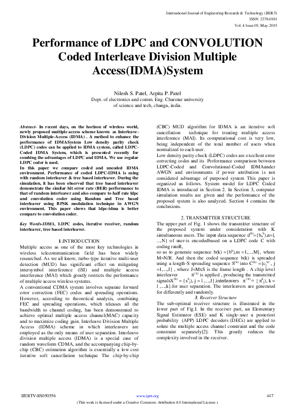 (PDF) Performance of LDPC and CONVOLUTION Coded Interleave Division Multiple Access(IDMA)System