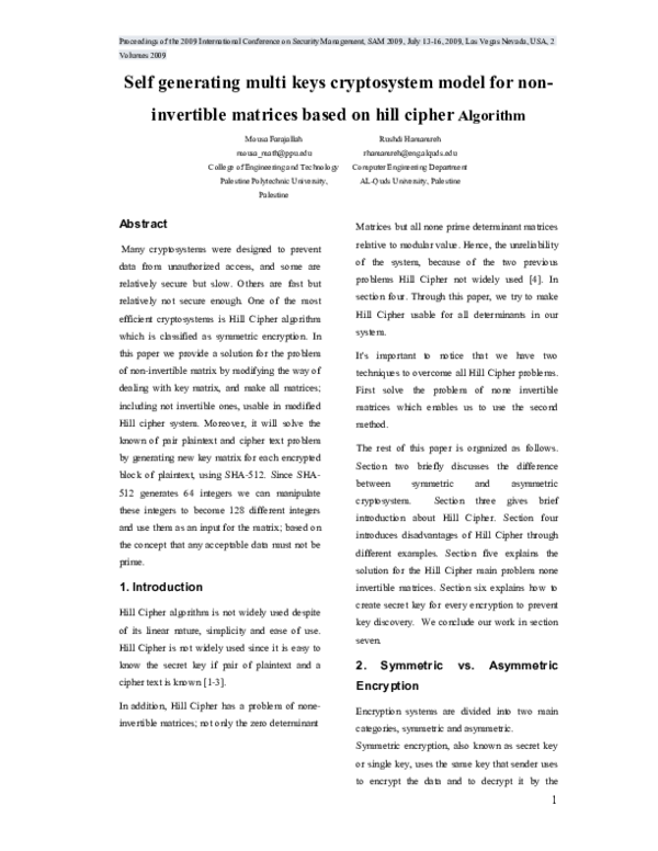 Self Generating Multi Keys Cryptosystem Model For Non Invertible Matrices Based On Hill Cipher