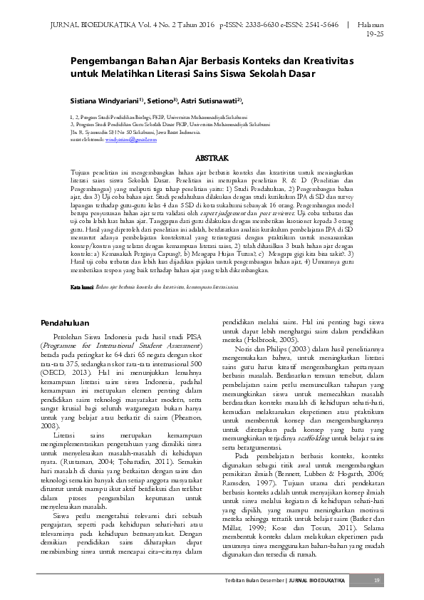 (PDF) Pengembangan Bahan Ajar Berbasis Konteks dan Kreativitas untuk Melatihkan Literasi Sains ...