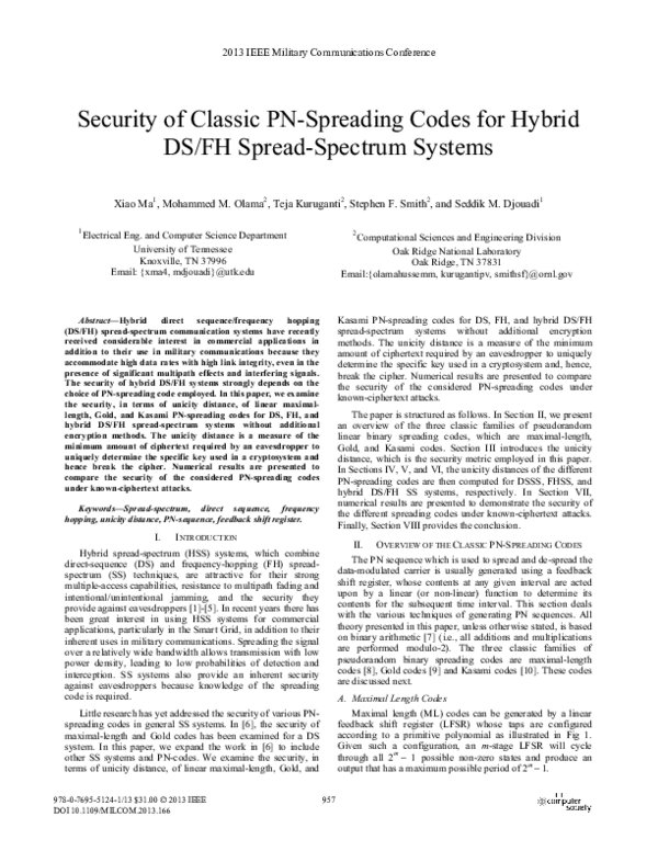 Pdf Security Of Classic Pn Spreading Codes For Hybrid Ds Fh Spread Spectrum Systems