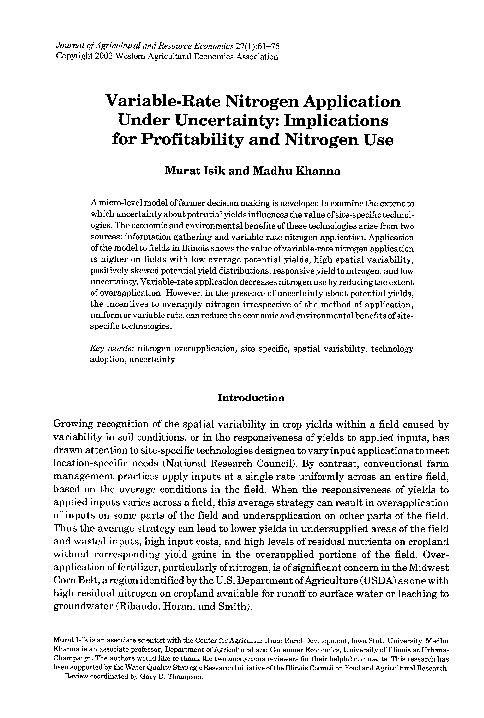 (PDF) Variable-Rate Nitrogen Application Under Uncertainty: Implications For Profitability And ...