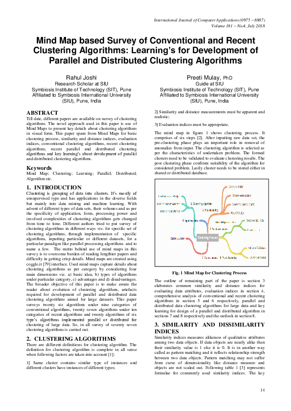 Pdf Mind Map Based Survey Of Conventional And Recent Clustering Algorithms Learnings For 7652