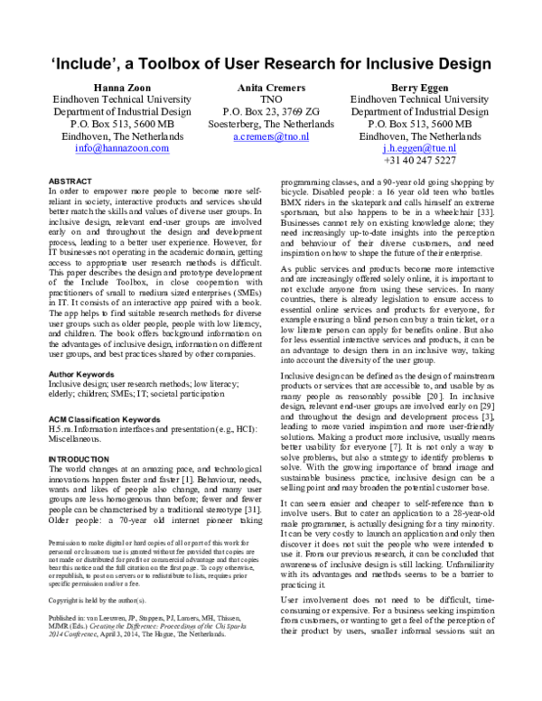(PDF) ‘Include’, a Toolbox of User Research for Inclusive Design