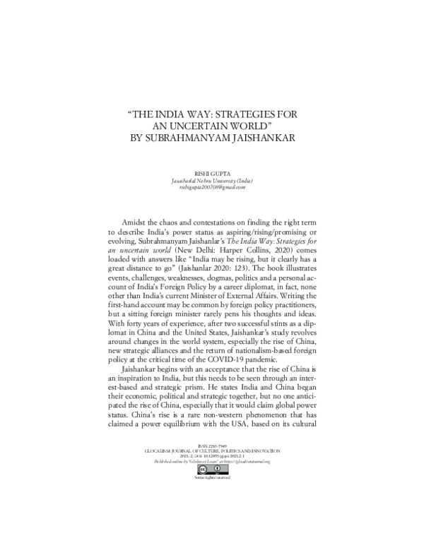 (PDF) Book Review "THE INDIA WAY: STRATEGIES FOR AN UNCERTAIN WORLD" BY ...