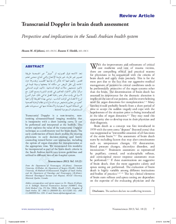 (PDF) Transcranial Doppler in brain death assessment. Perspective and ...
