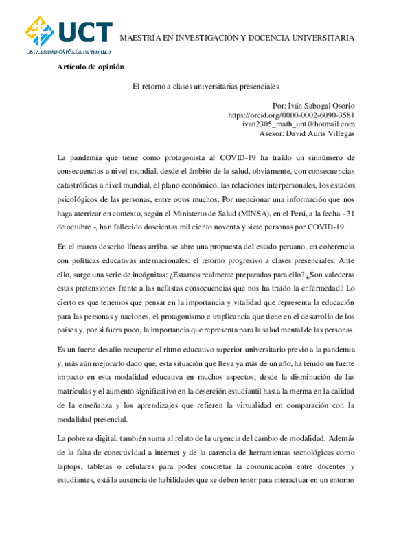 (PDF) El retorno a clases universitarias presenciales
