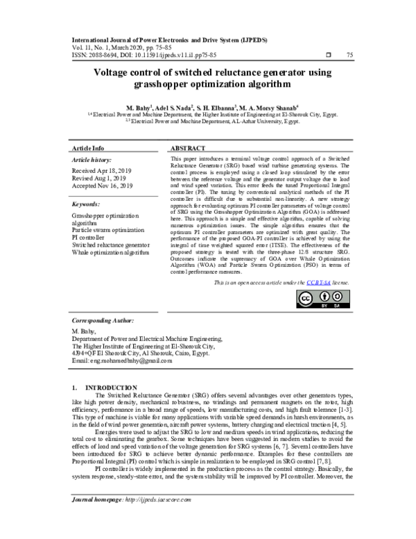 Pdf Voltage Control Of Switched Reluctance Generator Using Grasshopper Optimization Algorithm