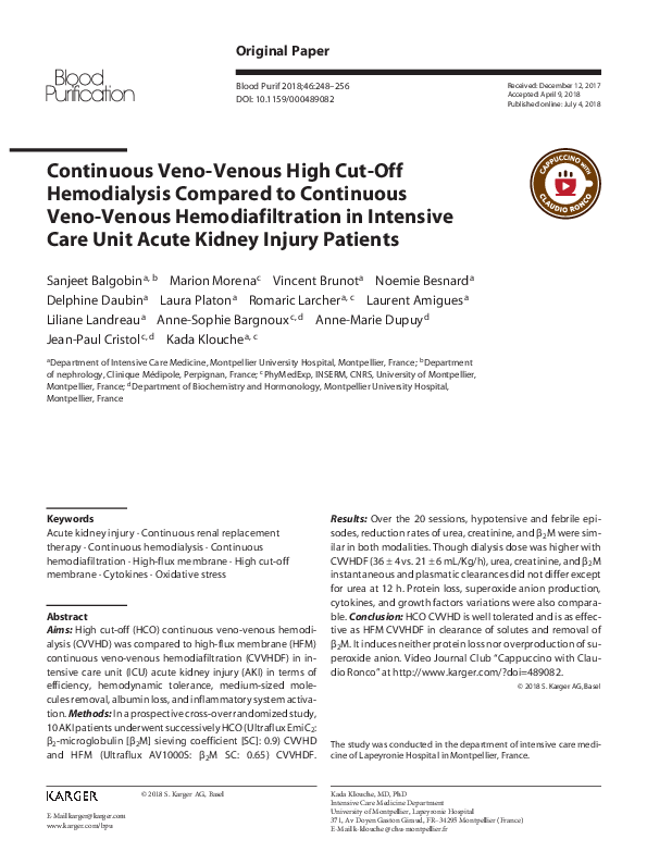 (PDF) Continuous Veno-Venous High Cut-Off Hemodialysis Compared to ...