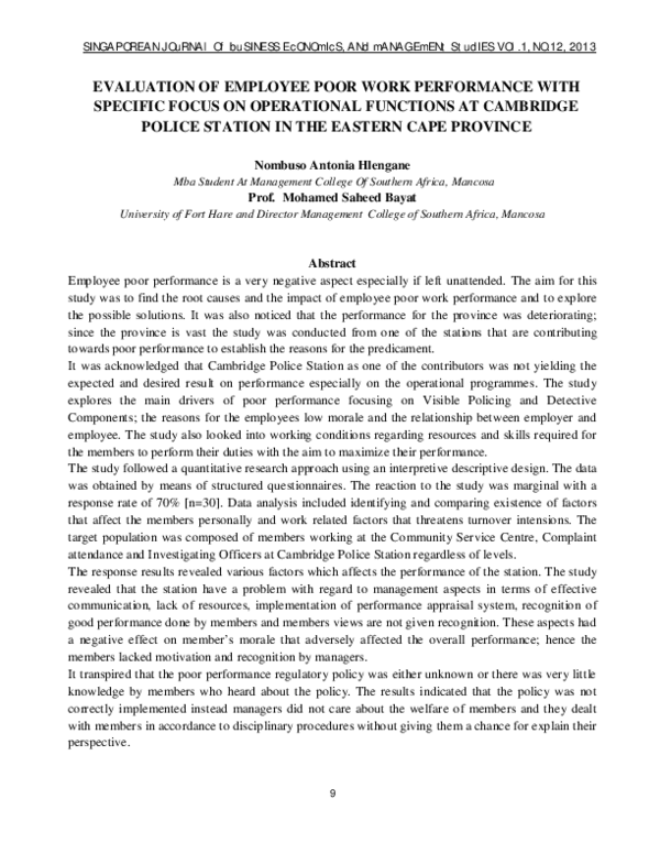 (PDF) Evaluation of Employee Poor Work Performance with Specific Focus ...