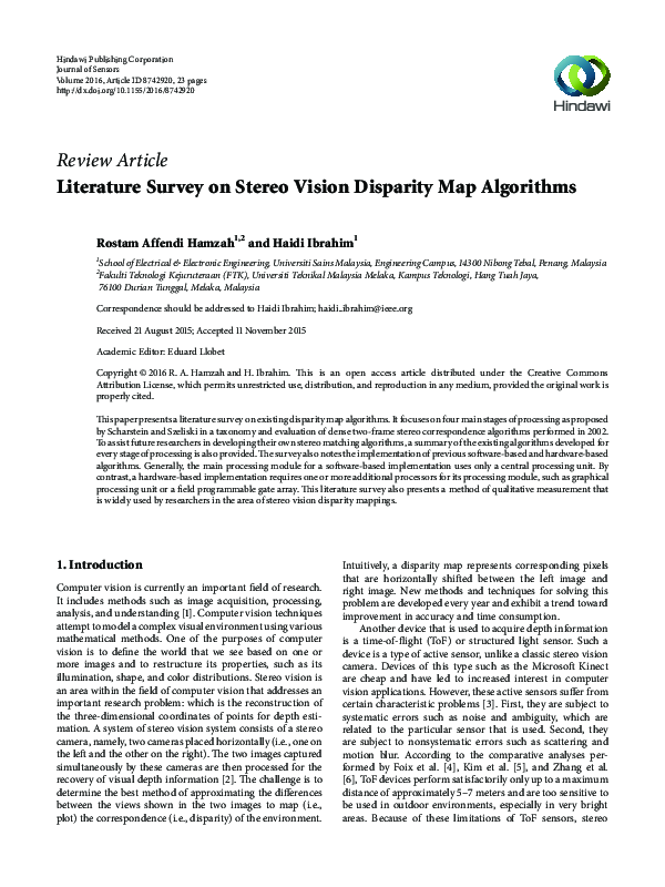 Pdf Literature Survey On Stereo Vision Disparity Map Algorithms