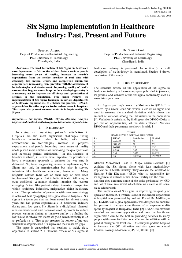(PDF) Six Sigma Implementation in Healthcare Industry: Past, Present ...