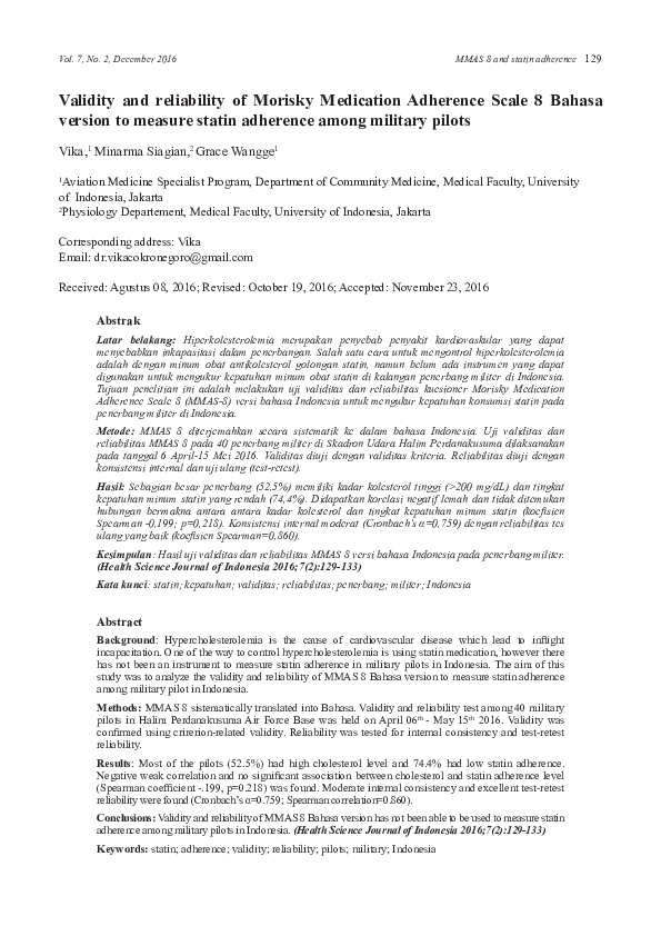 (PDF) Validity and reliability of Morisky Medication Adherence Scale 8 ...