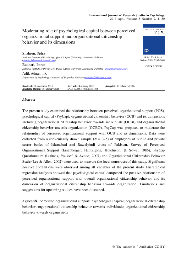 (PDF) Moderating role of psychological capital between perceived organizational support and ...