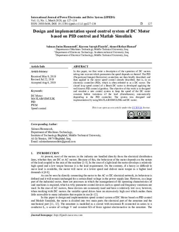 Pdf Design And Implementation Speed Control System Of Dc Motor Based On Pid Control And Matlab