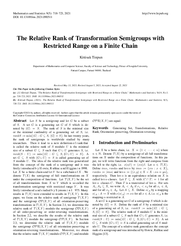(PDF) The Relative Rank of Transformation Semigroups with Restricted Range on a Finite Chain
