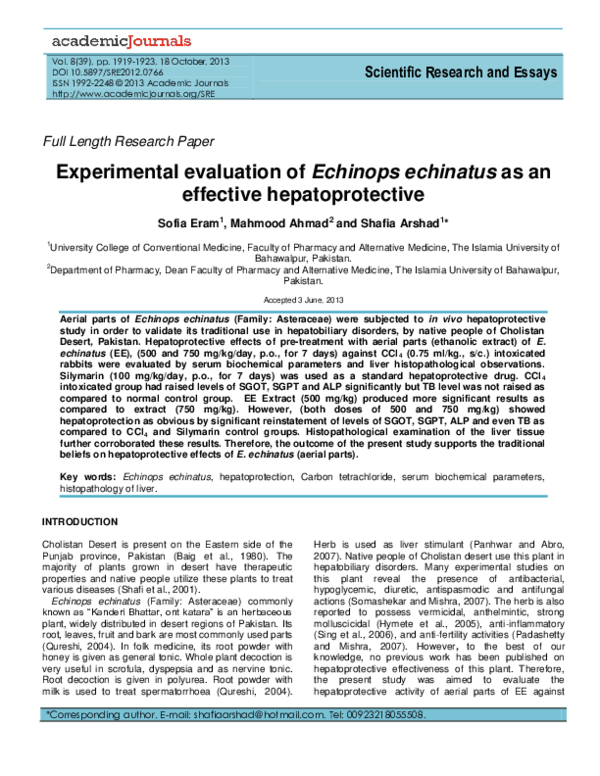 (PDF) Experimental evaluation of Echinops echinatus as an effective hepatoprotective