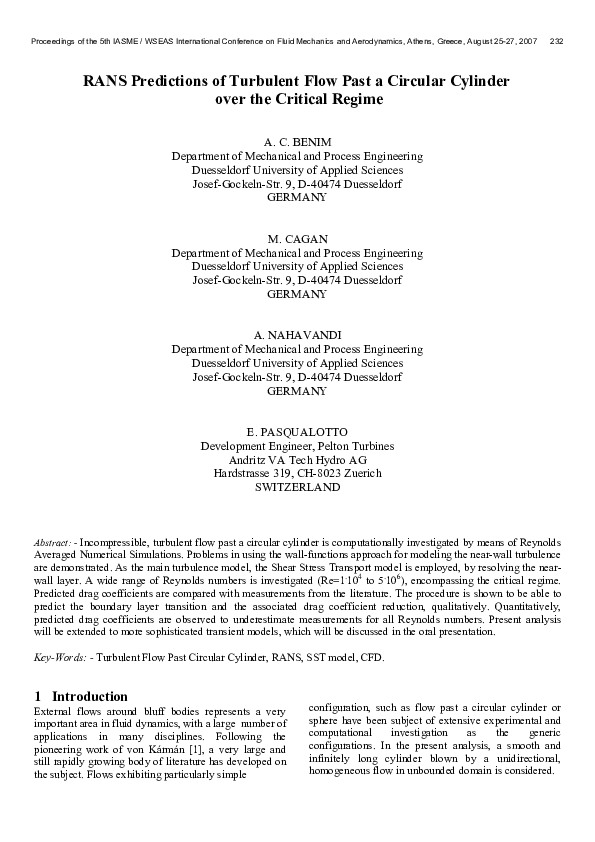 (PDF) RANS Predictions of Turbulent Flow Past a Circular Cylinder over the Critical Regime