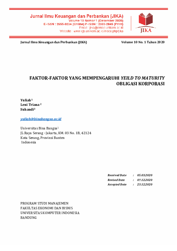 (PDF) Faktor-Faktor Yang Mempengaruhi Yield to Maturity Obligassi Korporasi