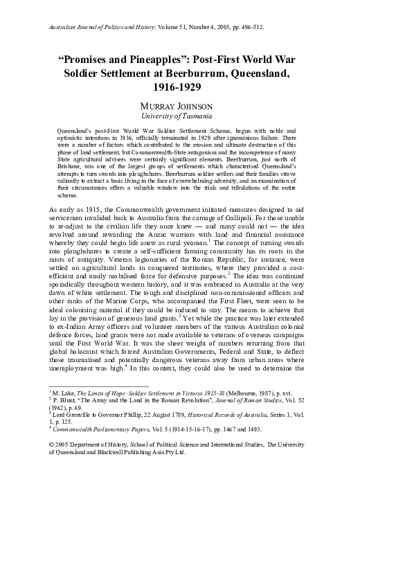 (PDF) Promises and Pineapples": Post-First World War Soldier Settlement ...
