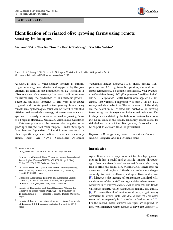 Pdf Identification Of Irrigated Olive Growing Farms Using Remote Sensing Techniques