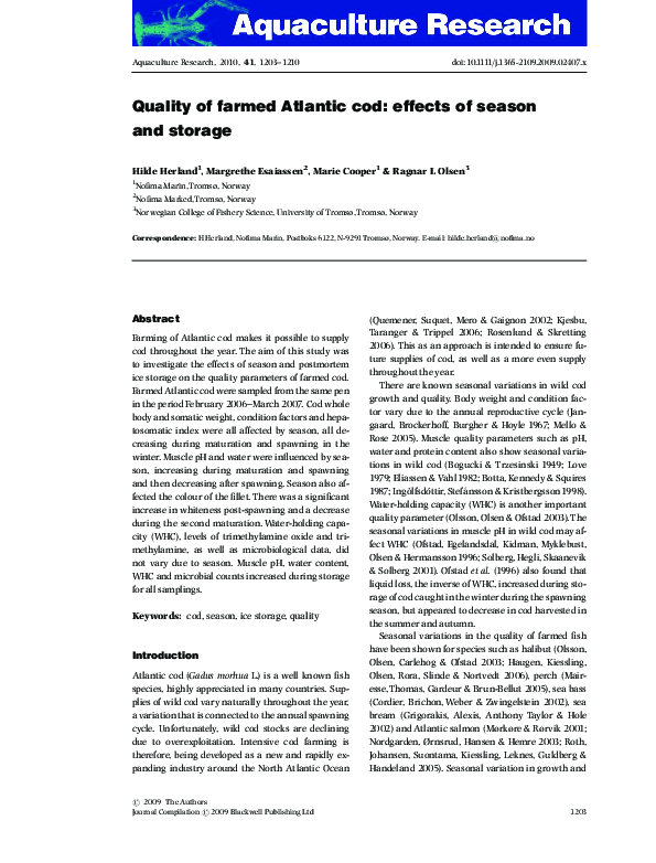 (PDF) Quality of farmed Atlantic cod: effects of season and storage