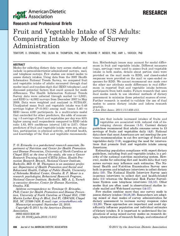 (PDF) Fruit and Vegetable Intake of US Adults: Comparing Intake by Mode ...