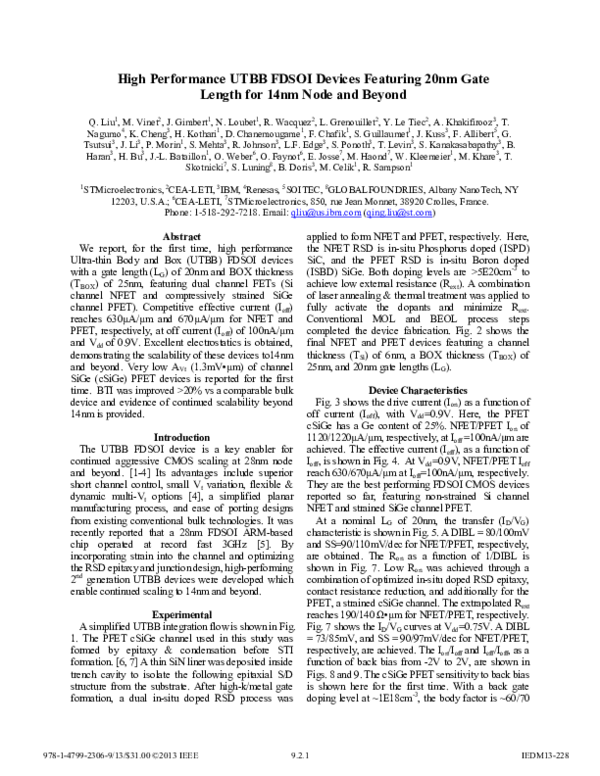 (PDF) High performance UTBB FDSOI devices featuring 20nm gate length for 14nm node and beyond