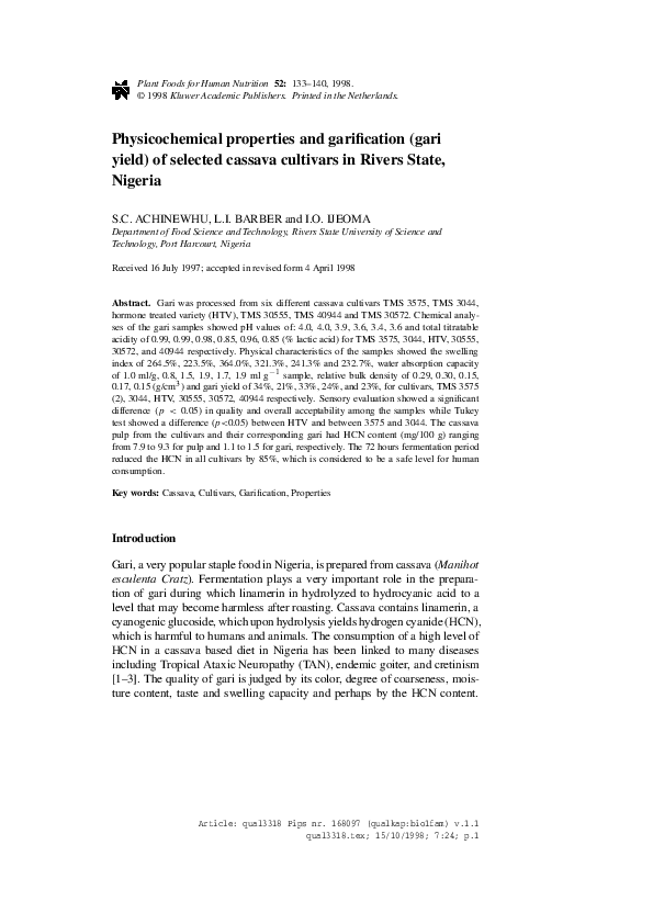 (PDF) Physicochemical properties and garification (gari yield) of selected cassava cultivars in ...