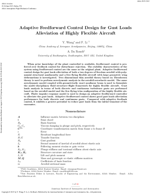 (PDF) Adaptive Feedforward Control Design for Gust Loads Alleviation of Highly Flexible Aircraft