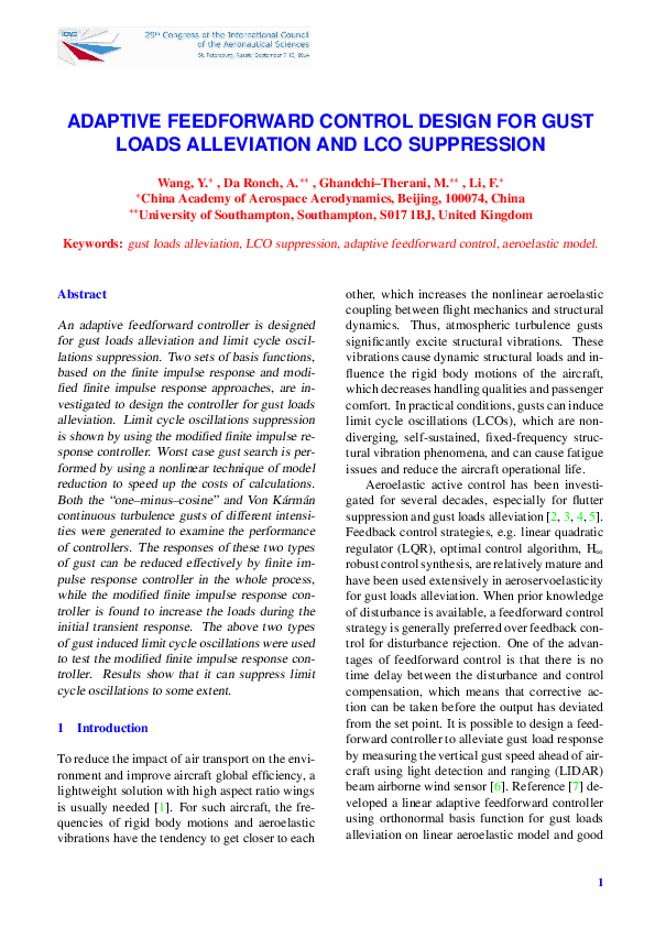 Adaptive feedforward control design for gust loads alleviation and LCO suppression