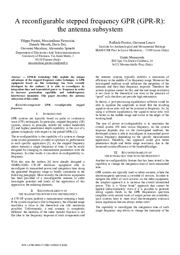 (PDF) A reconfigurable stepped frequency GPR (GPR-R): The antenna subsystem