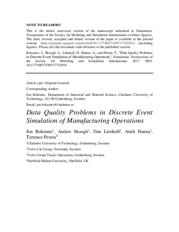 (PDF) Data quality problems in discrete event simulation of manufacturing operations