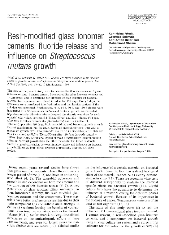 (PDF) Resin-modified glass ionomer cements: fluoride release and influence on Streptococcus ...