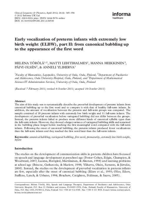 (PDF) Early vocalization of preterm infants with extremely low birth ...