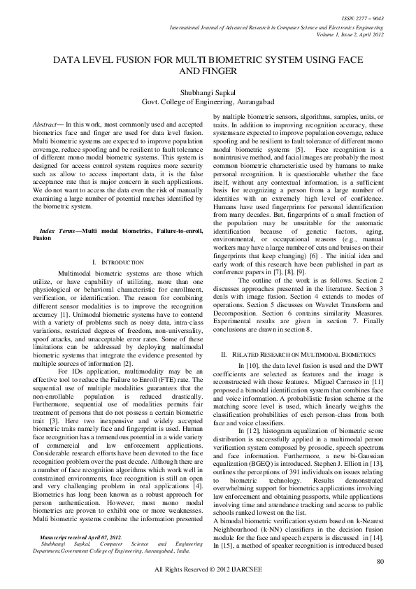 (PDF) Data Level Fusion for Multi Biometric System Using Face and Finger