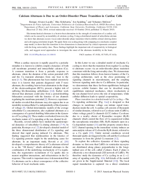 (PDF) Calcium Alternans is Due to an Order-Disorder Phase Transition in ...
