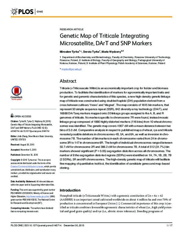 (PDF) Genetic Map of Triticale Integrating Microsatellite, DArT and SNP ...
