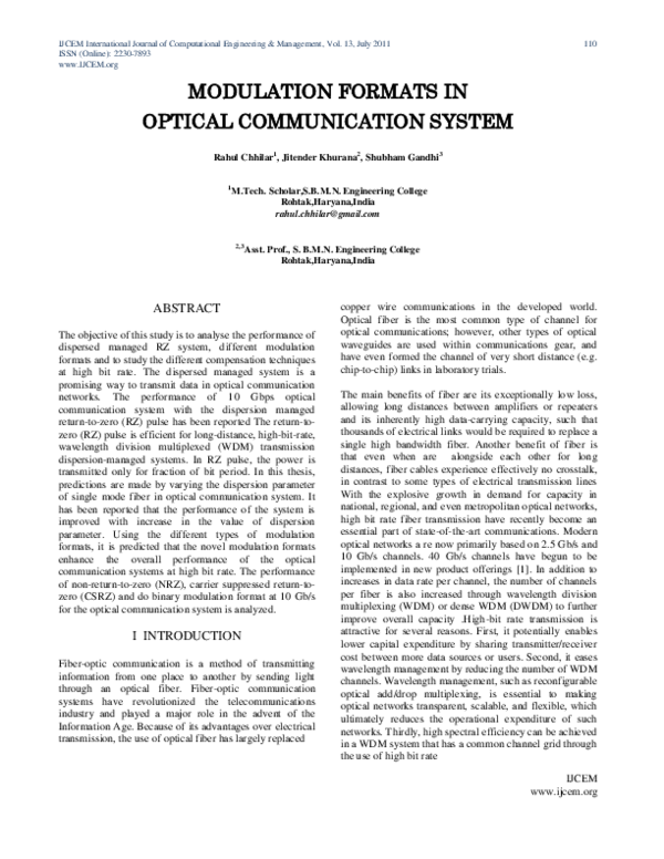 Pdf Modulation Formats In Optical Communication System
