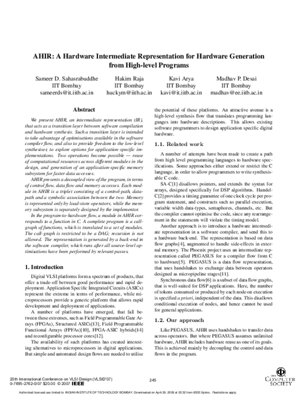 Pdf Ahir A Hardware Intermediate Representation For Hardware Generation From High Level Programs