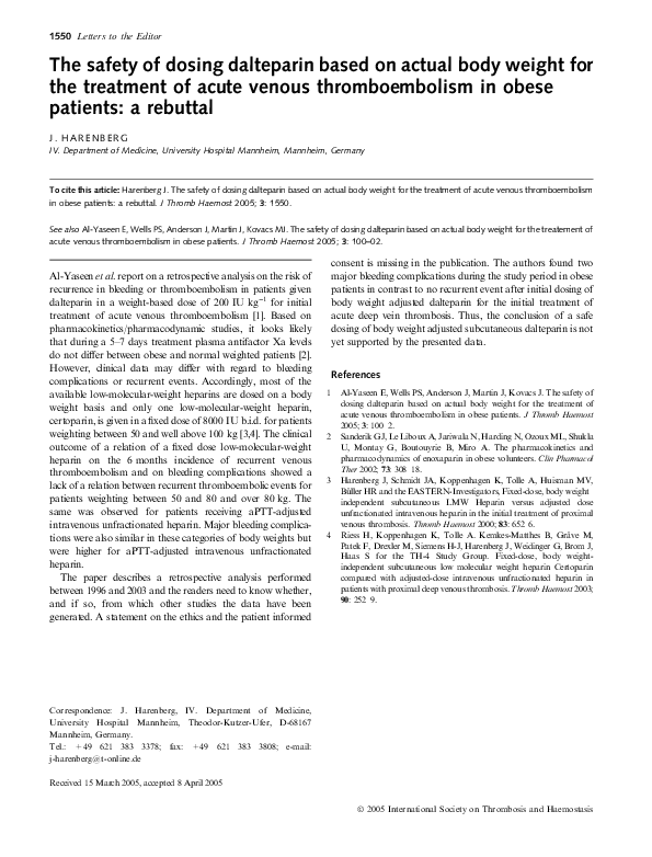 (PDF) The safety of dosing dalteparin based on actual body weight for ...