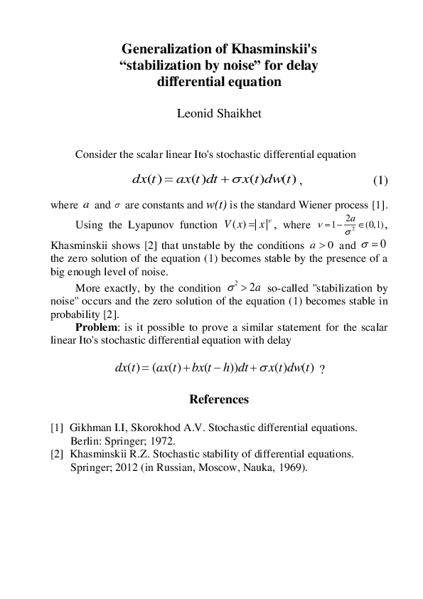 (PDF) Generalization of Khasminskii's "stabilization by noise" for ...