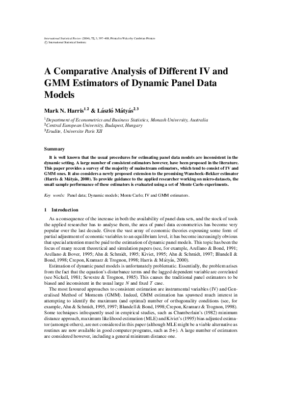 (PDF) A Comparative Analysis of Different IV and GMM Estimators of Dynamic Panel Data Models