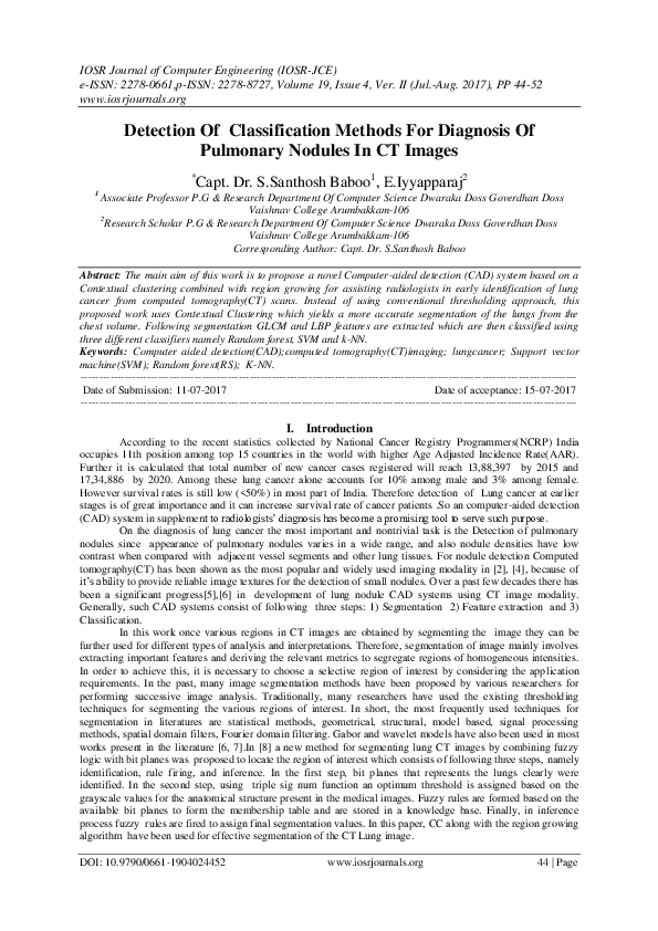 Pdf Detection Of Classification Methods For Diagnosis Of Pulmonary Nodules In Ct Images E