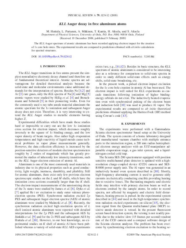 (PDF) KLL Auger decay in free aluminum atoms